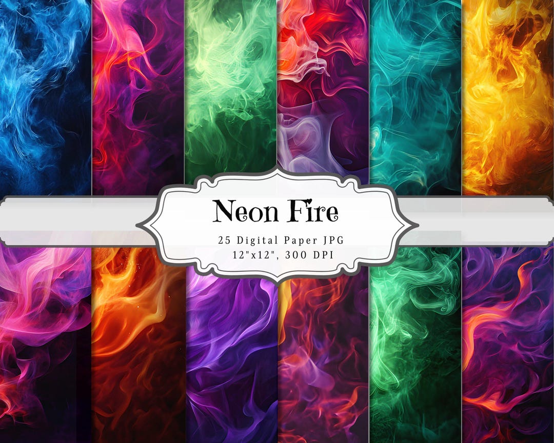 Neon Fire Digital Paper, Colorful Flames Printable Ephemera, Color ...