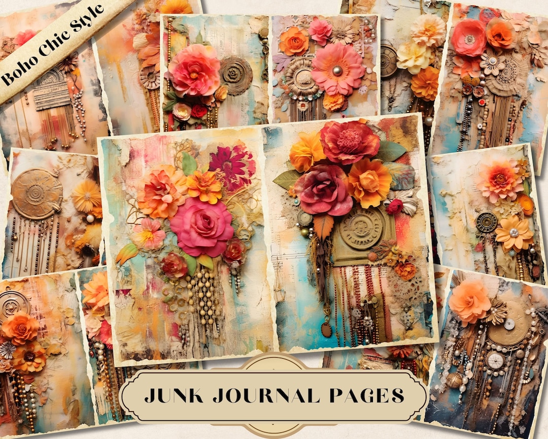 Boho Chic Style Junk Journal Paper, Digital Mixed Media, Shabby Chic ...