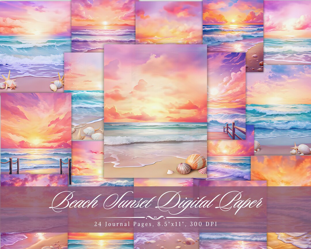Sunset Over the Beach Digital Paper, Shabby Chic Printable Ephemera ...