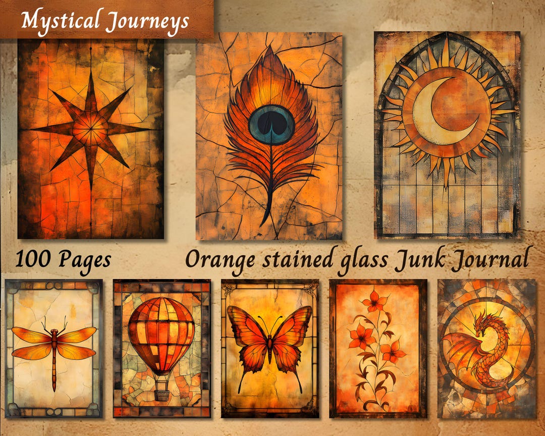 Orange Stained Glass Junk Journal Paper, Vintage Colored Glasses ...