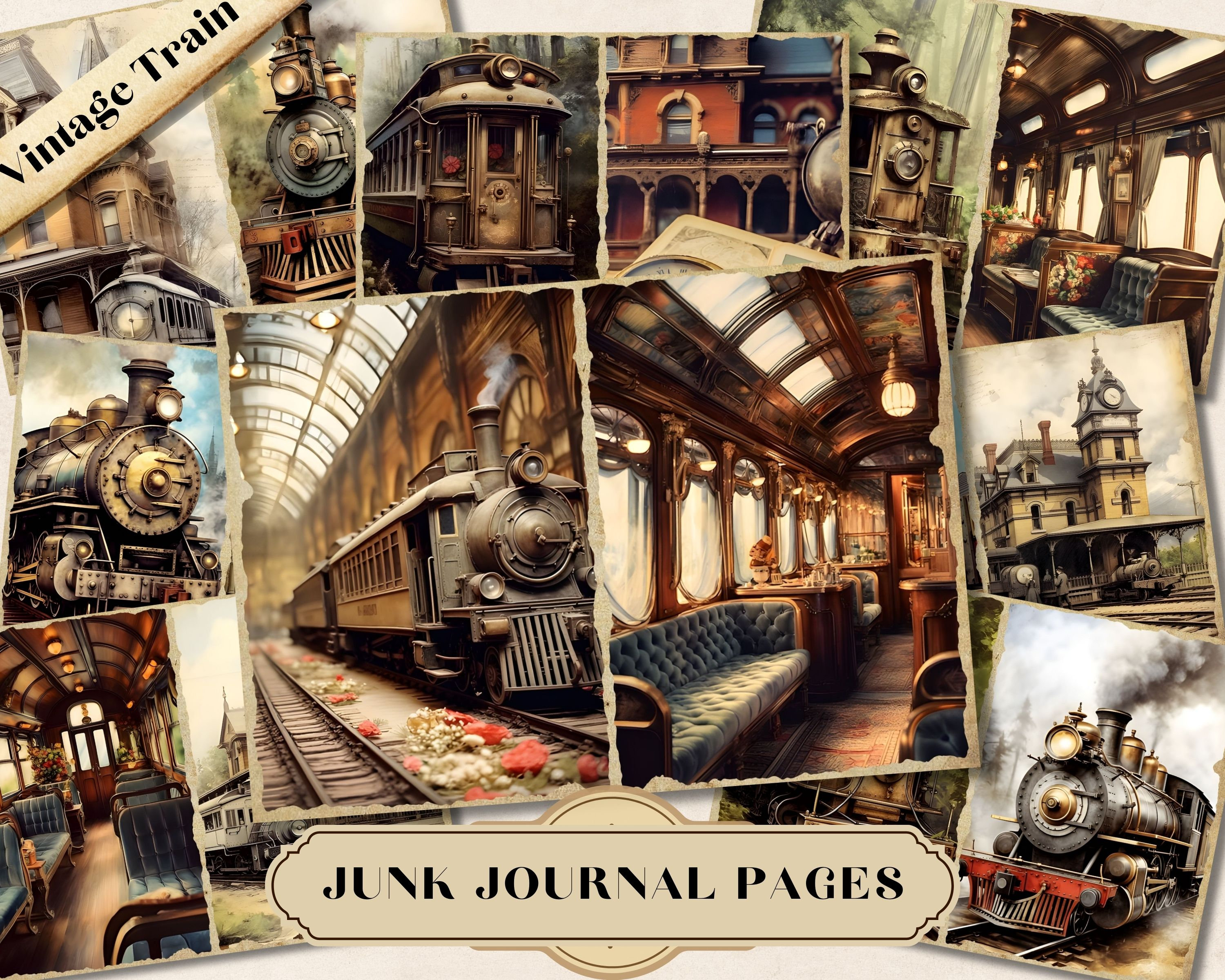 Vintage Train Junk Journal Kit, Printable Ephemera Pages, Shabby Chic ...
