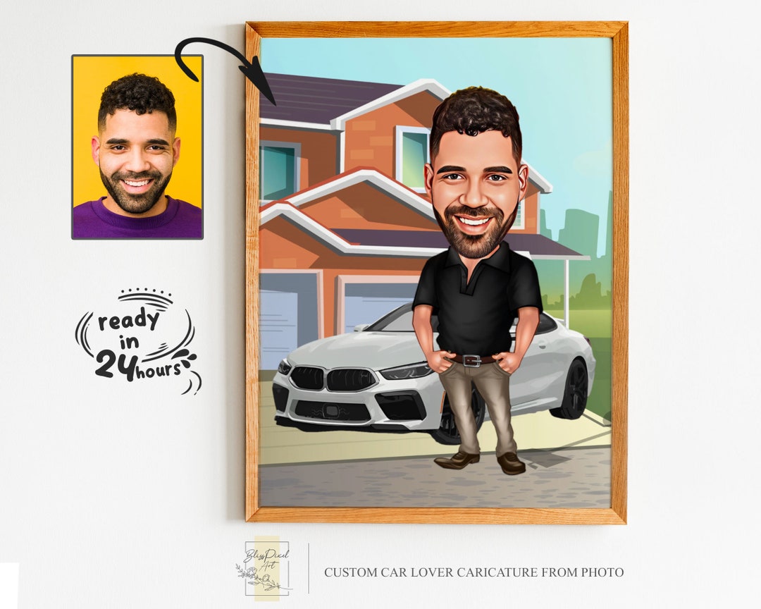Custom Car Lover Cartoon Portrait, Male Caricature, Car Lover Gift ...