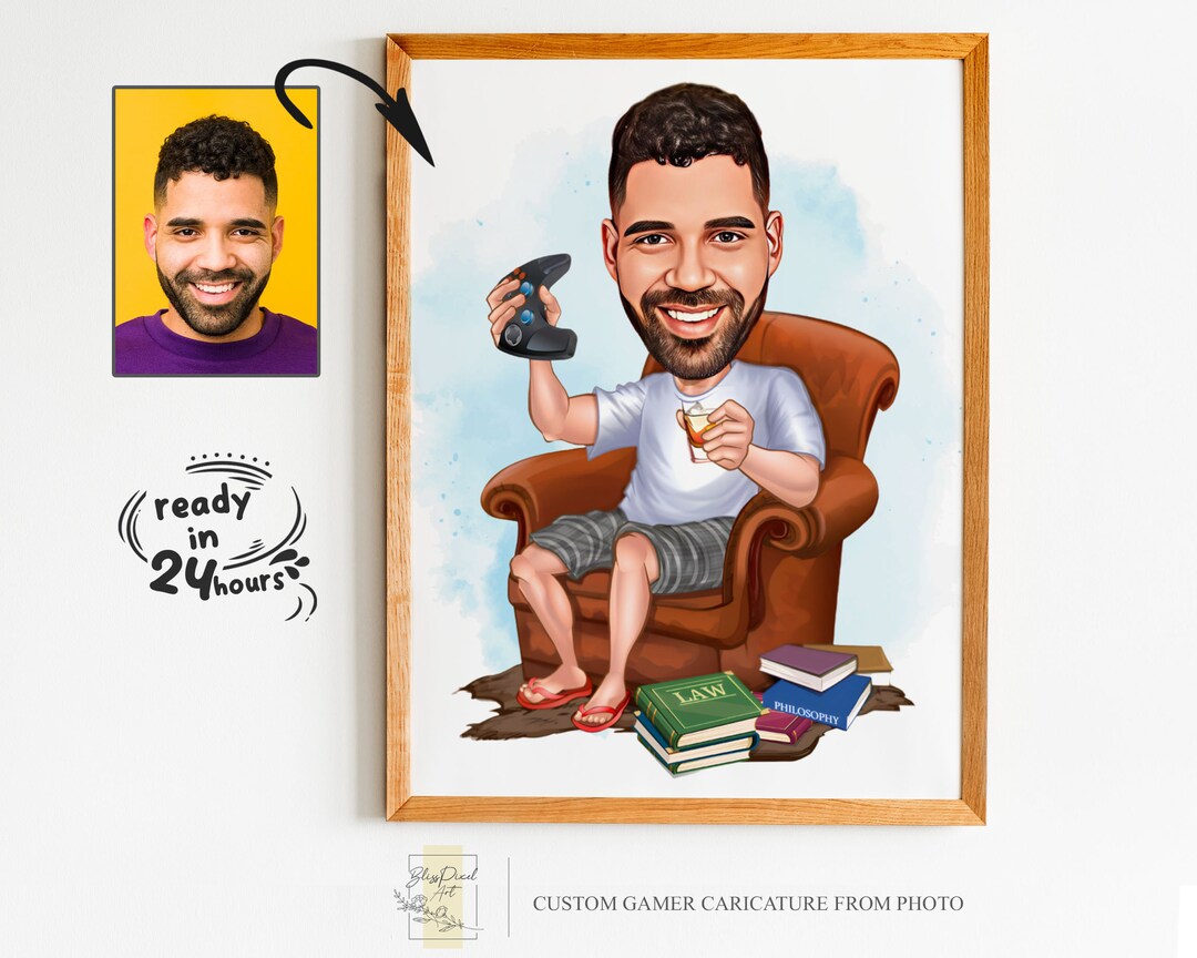 Custom Gamer Cartoon Portrait, Gamer Caricature, Gift for Gamer, Gamer ...