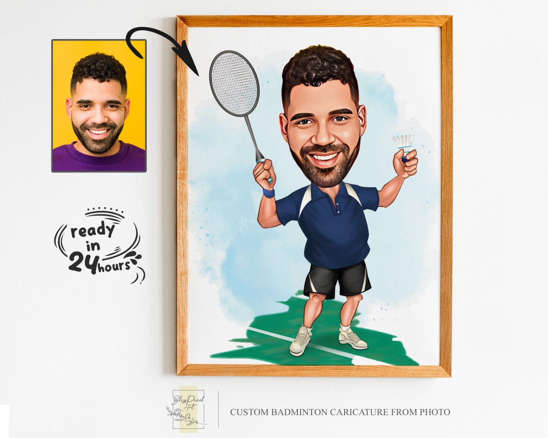 Custom Badminton Player Cartoon Portrait, Badminton Caricature, Gift ...