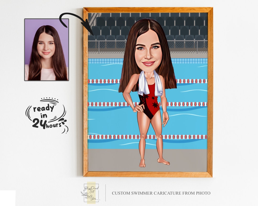 Personalized Swimmer Cartoon Portrait for Women, Custom Swimming ...