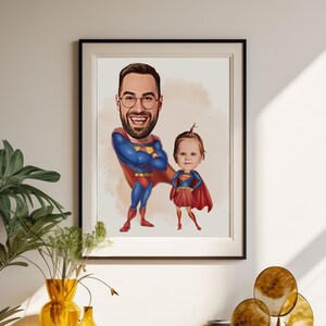 Custom Super Dad and Daughter Cartoon Portrait, Super Dad Portrait, Dad ...