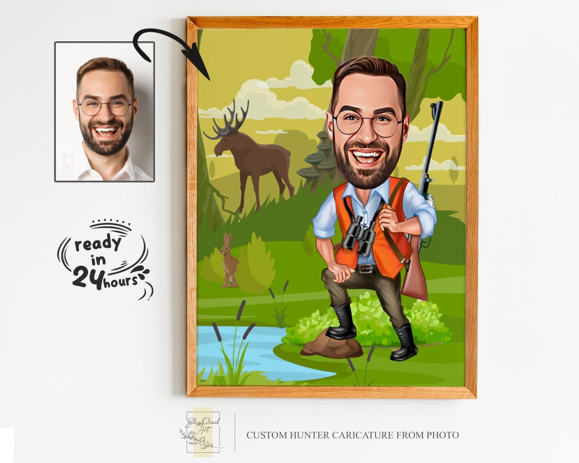 Custom Hunter Cartoon Portrait, Hunter Portrait, Gift for Hunter ...