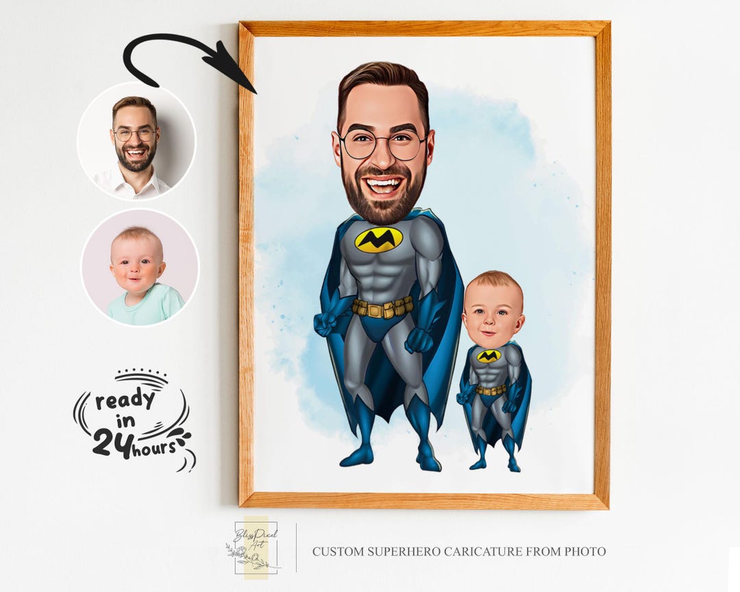 Custom Super Dad and Son Cartoon Portrait, Super Dad Portrait, Dad's ...