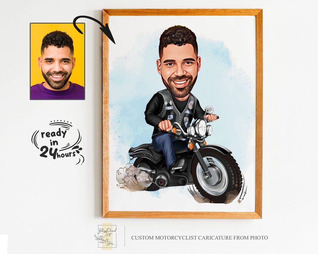 Custom Motorcycle Cartoon Portrait for Men, Personalized Biker ...