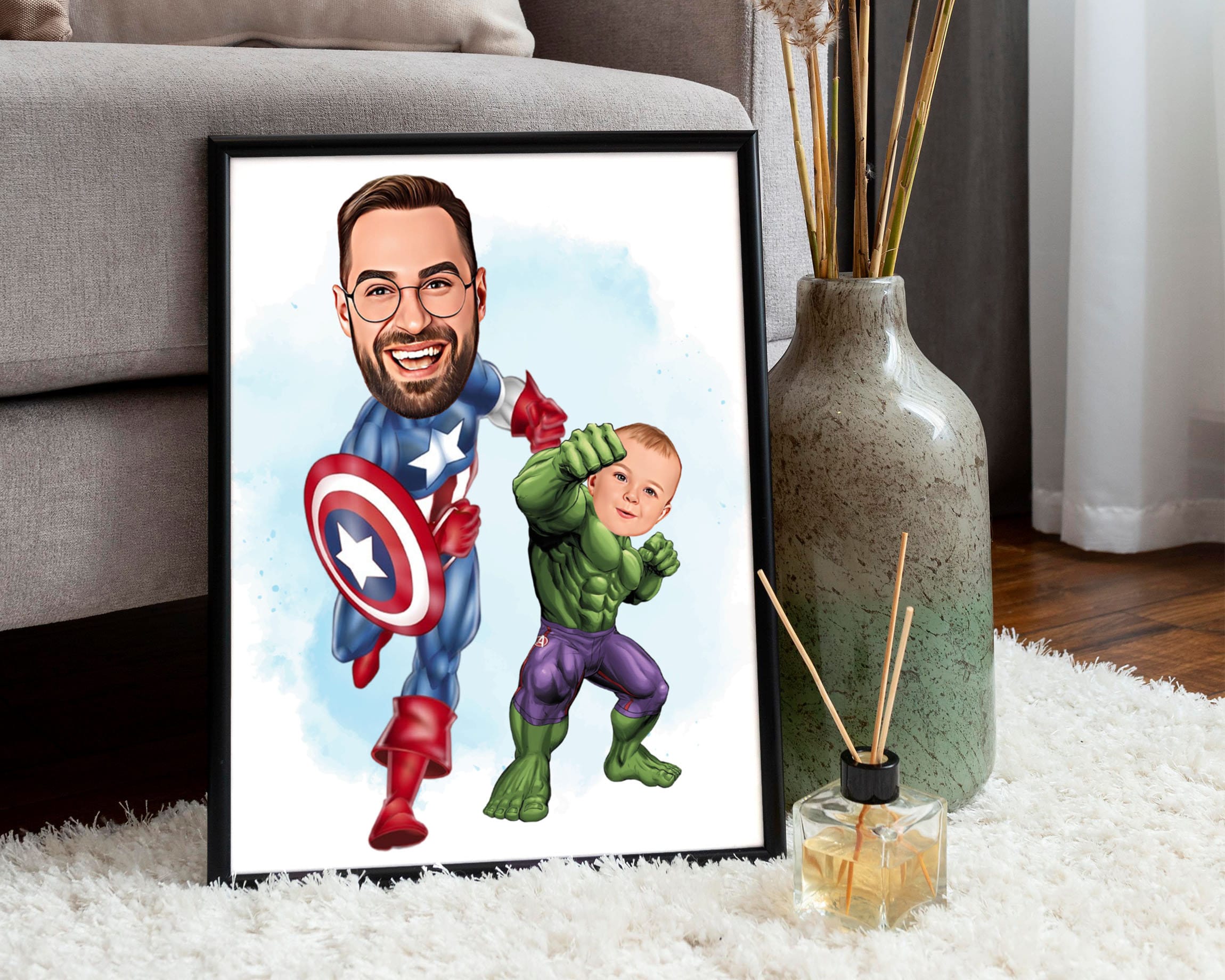 Custom Super Dad and Son Cartoon Portrait, Super Dad Portrait, Dad's ...