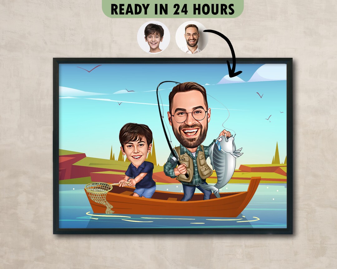 Custom Fisher Dad and Son Cartoon Portrait, Fisher Dad Portrait, Dad's ...