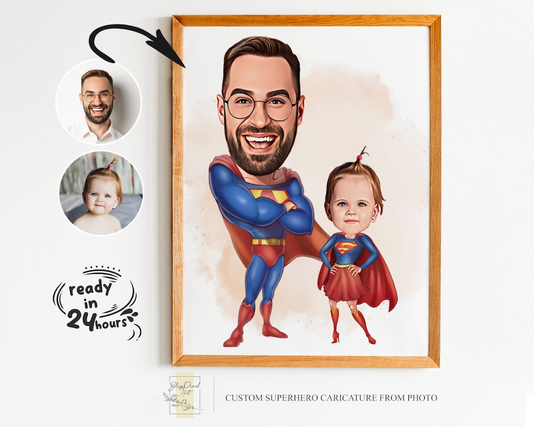 Custom Super Dad and Daughter Cartoon Portrait, Super Dad Portrait, Dad ...