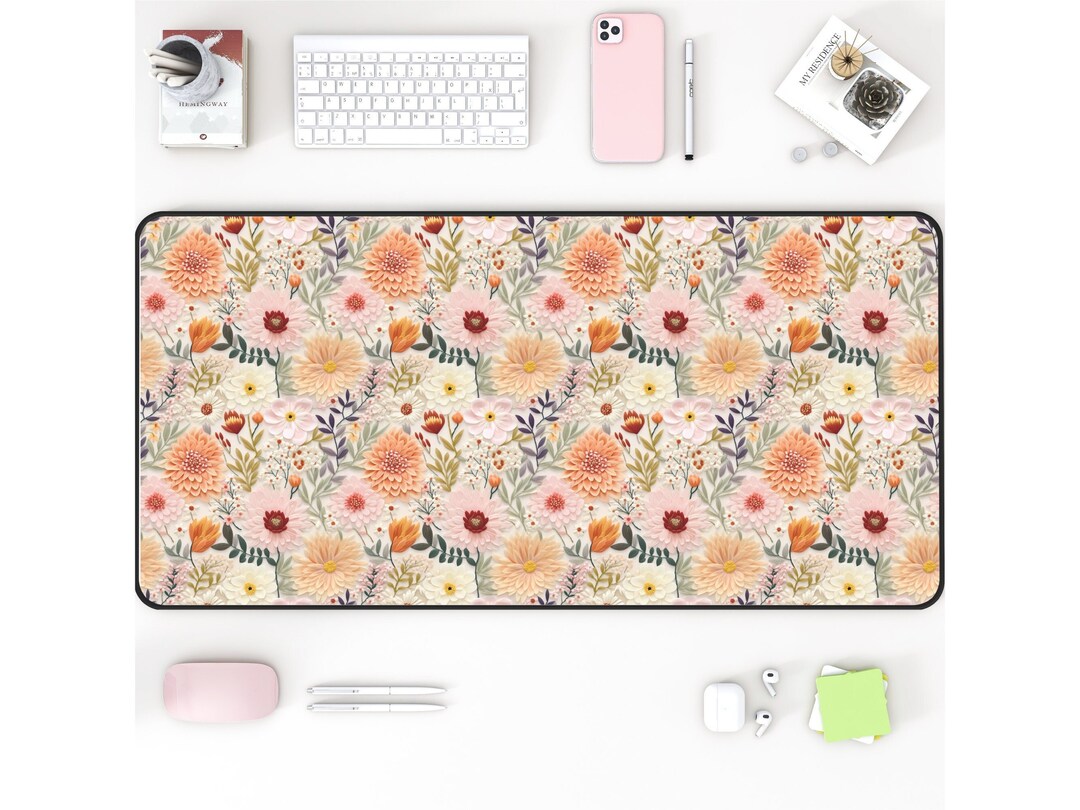 Cottage Core Floral Embroidery Desk Mat, Pretty Flower Desk Pad, XXL ...