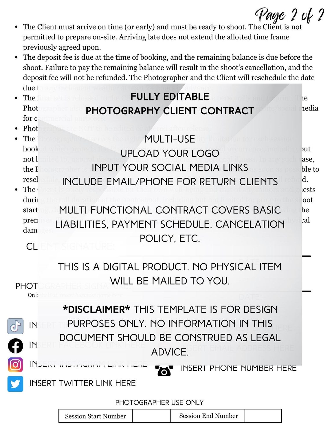 Photography Client Contract Template Editable Client - Etsy