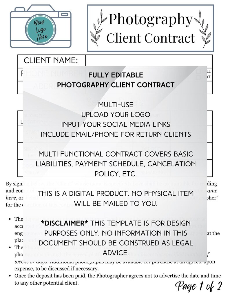Photography Client Contract Template - Editable Client Agreement Canva ...
