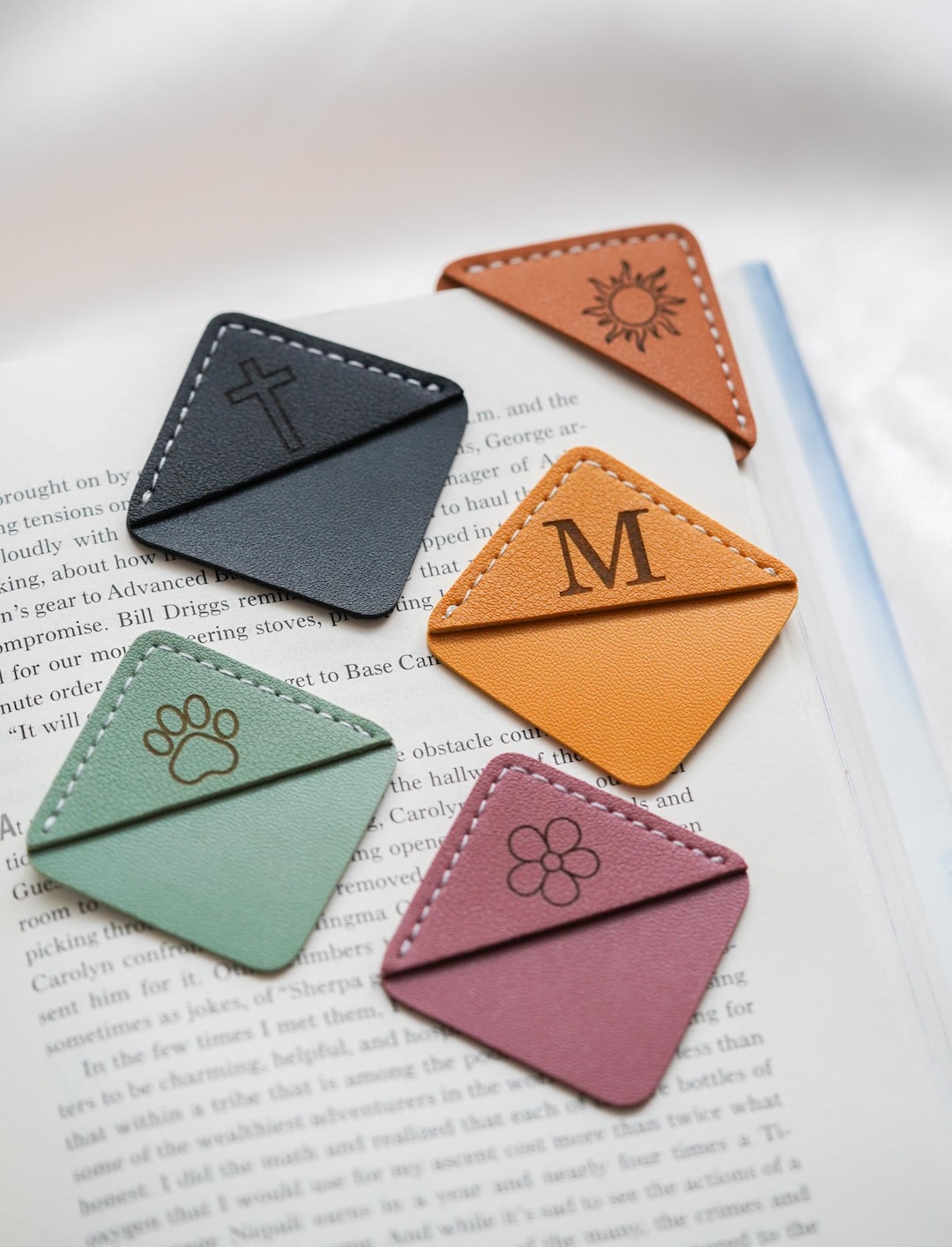 Square Personalized Corner Leather Bookmark, Custom Engraved Bookmarks With Initial Icon, Gift ...