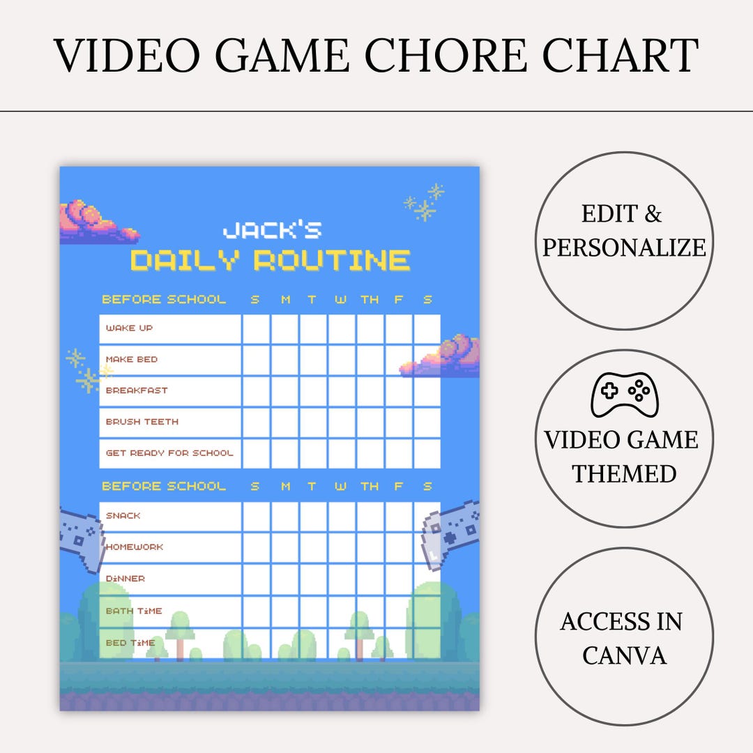 Editable Chore Chart, Video Game Theme, Kids Daily Routine, Chore Chart ...