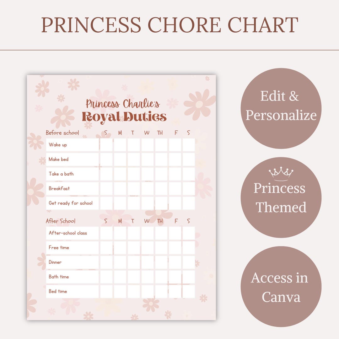 Editable Chore Chart, Princess Theme Template, Kids Daily Routine ...