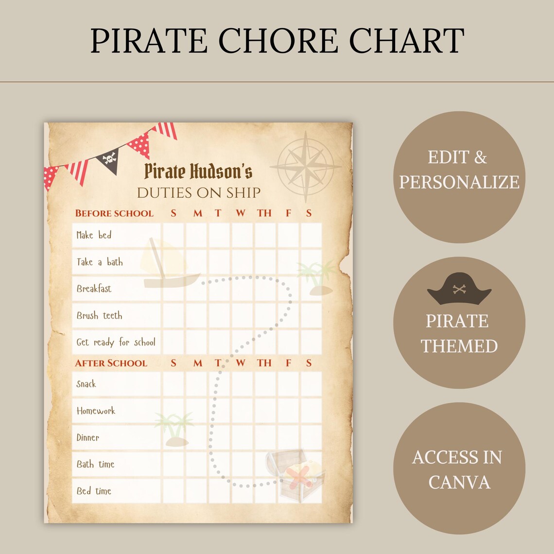 Editable Chore Chart, Pirate Theme Template, Kids Daily Routine, Chore ...
