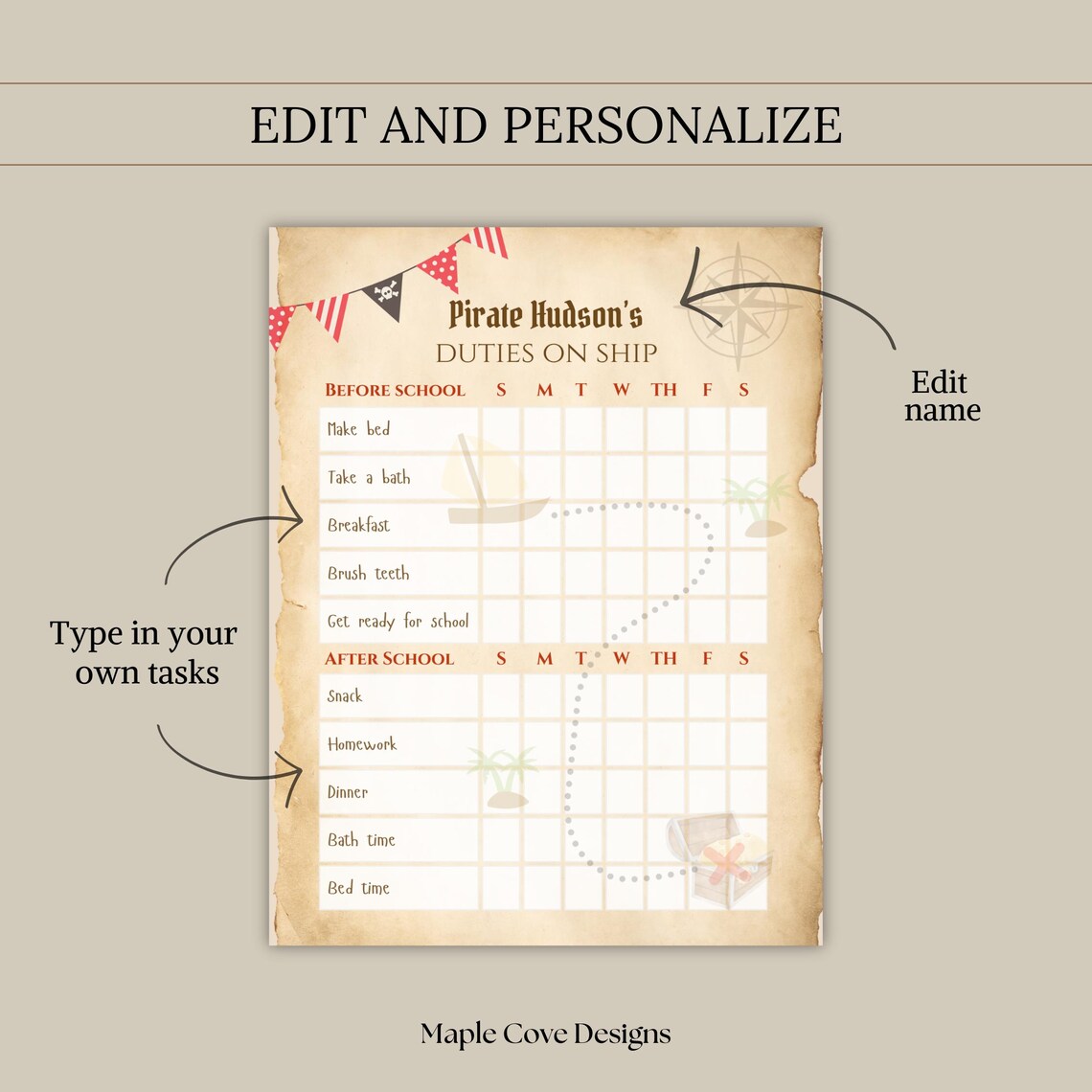 Editable Chore Chart, Pirate Theme Template, Kids Daily Routine, Chore ...
