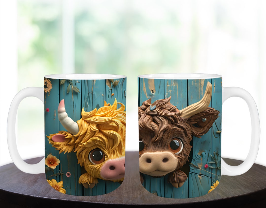 Highland Cow Mug Wrap: 3D Wooden Fence Design (11oz & 15oz PNG Digital ...