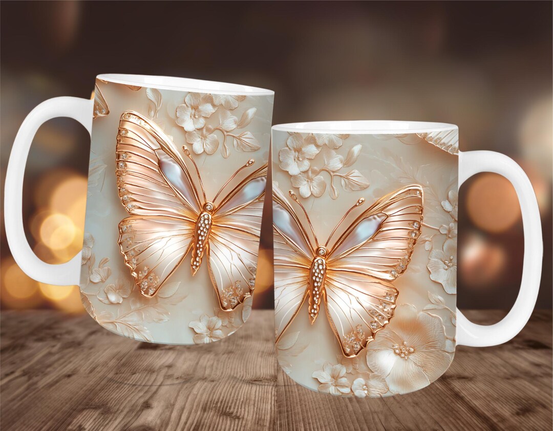 Elegant Pink Gold Butterfly Mug Wrap PNG, Sublimation Mug Wrap Digital ...