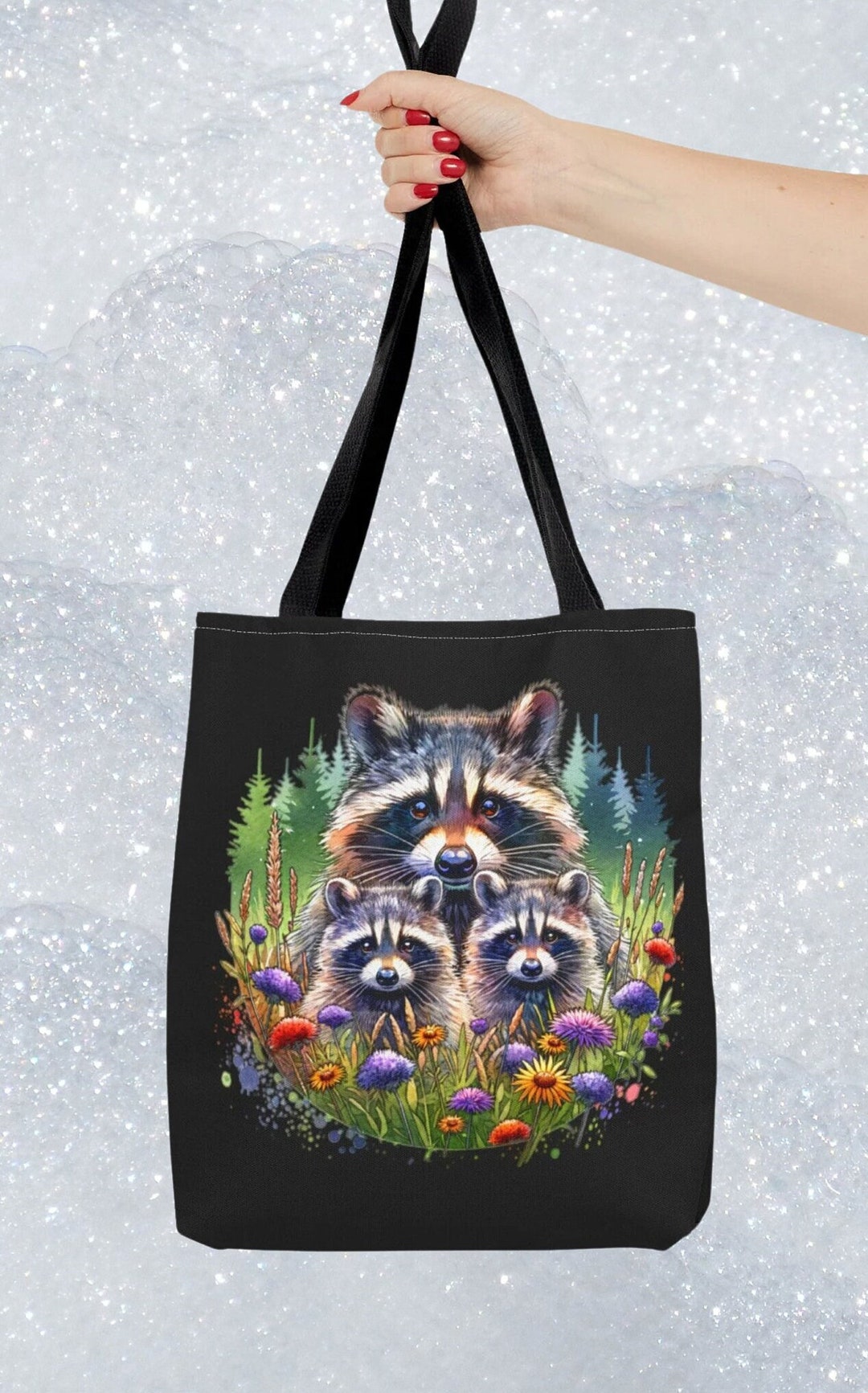 Raccoons, Babys, Tote, Wildflowers, Animal, Gift, Folk Art, Whimsical ...