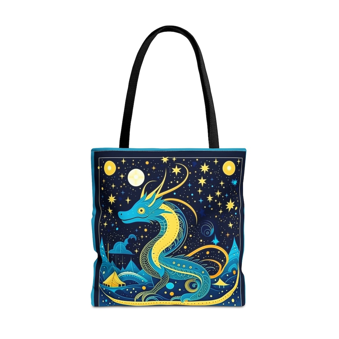 Starry Night Dragon Tote, Majestic Creature, Blue Hues, Gentle Dragon ...