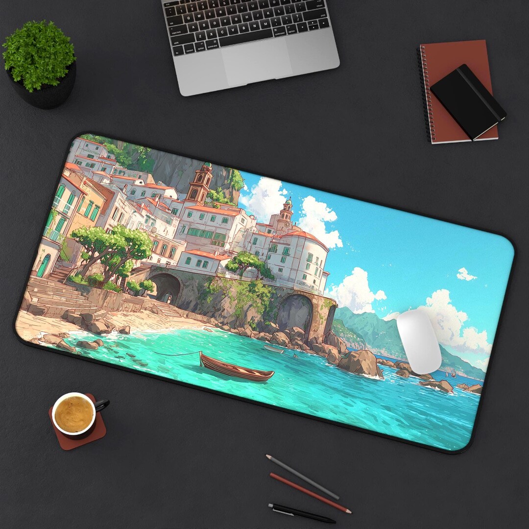 Ghibli Anime Desk Mat - Azure Haven Coastal Town Mouse Pad - Etsy