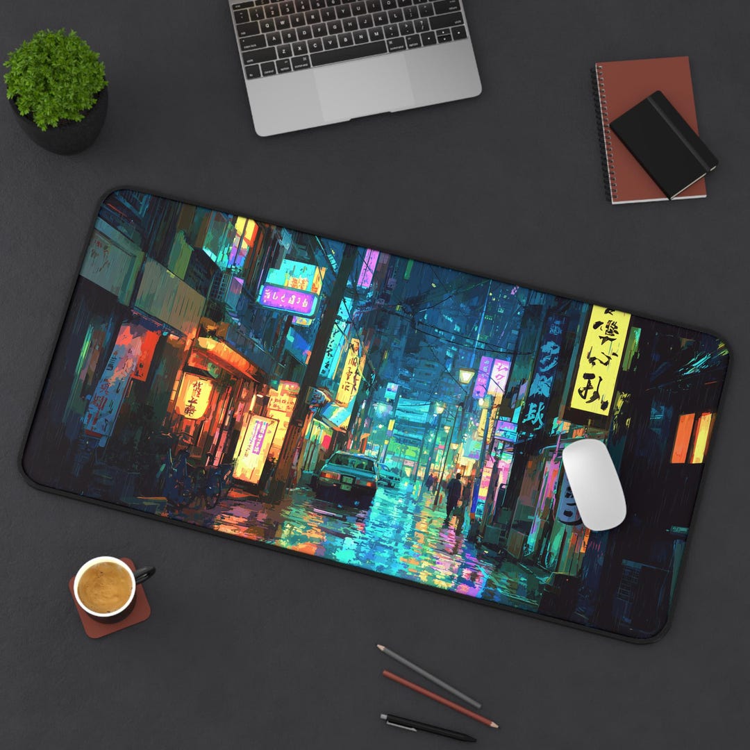 Japanese Cyberpunk Desk Mat – IZAKAYA RAINGLOW – Anime Neon City Mouse ...