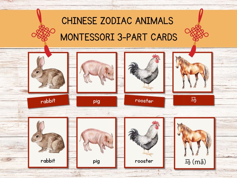 Chinese Zodiac Animals. Montessori 3 Part Cards. Chinese New Year ...