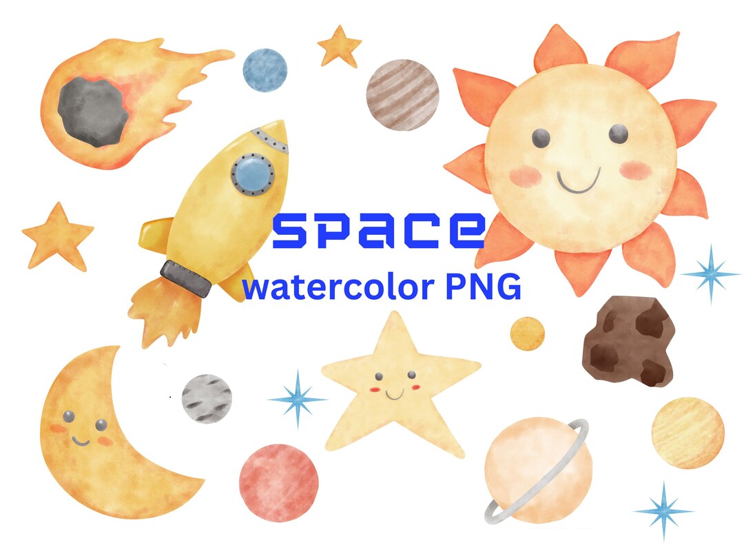Watercolor Space Clipart Bundle, Spaceship, Rocket Clipart, Stars and ...