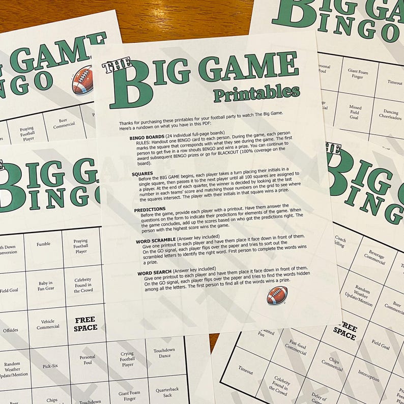 Printable Games, Activities, and Bingo Boards for the Big Football Game ...