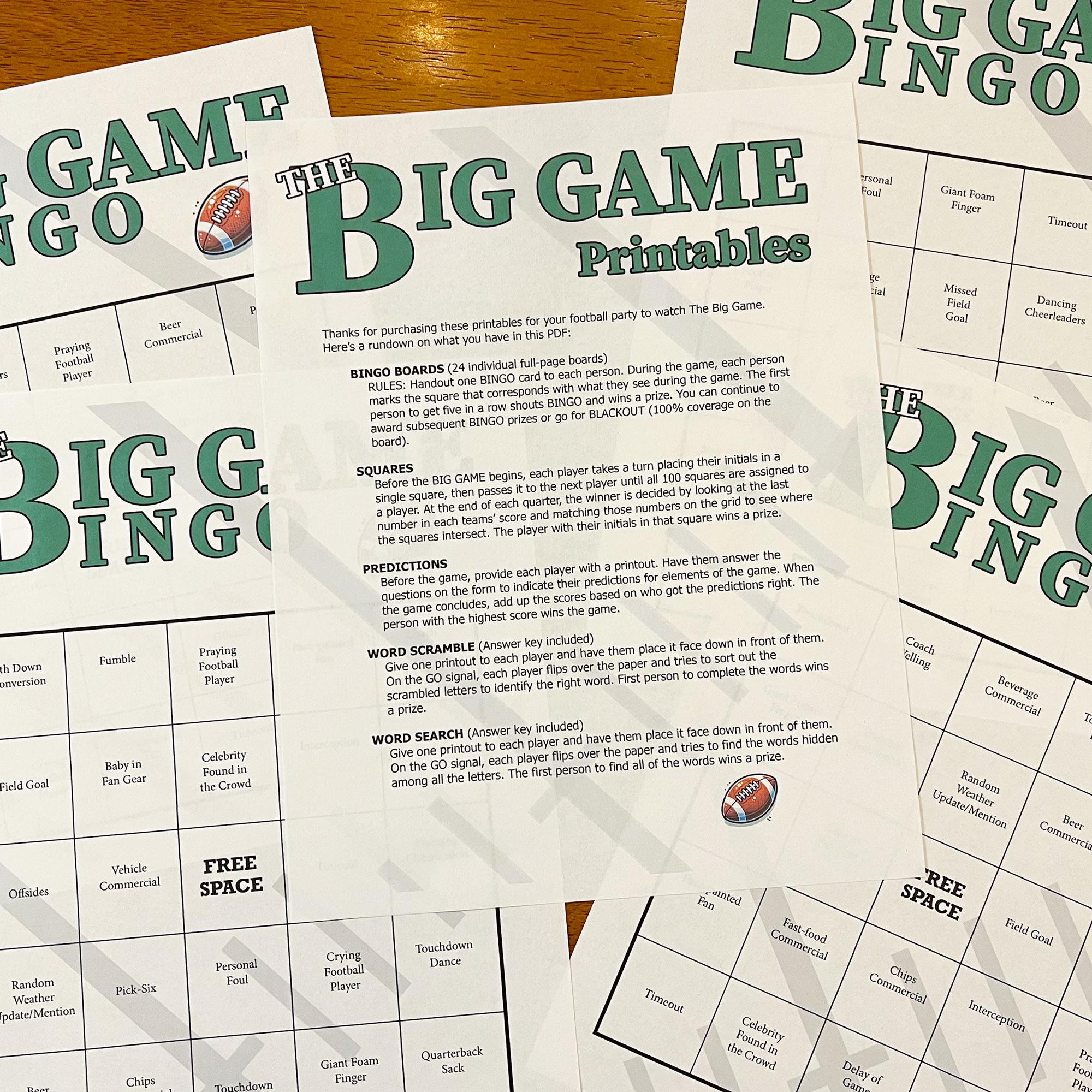 Printable Games, Activities, and Bingo Boards for the Big Football Game ...