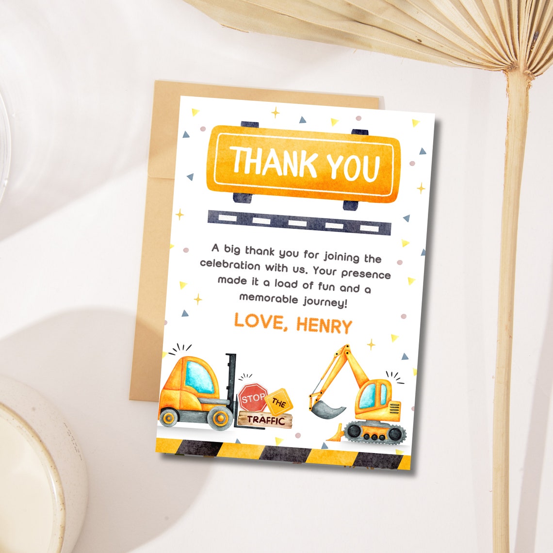 Editable Construction Birthday Thank You Card 3rd Birthday Thank You