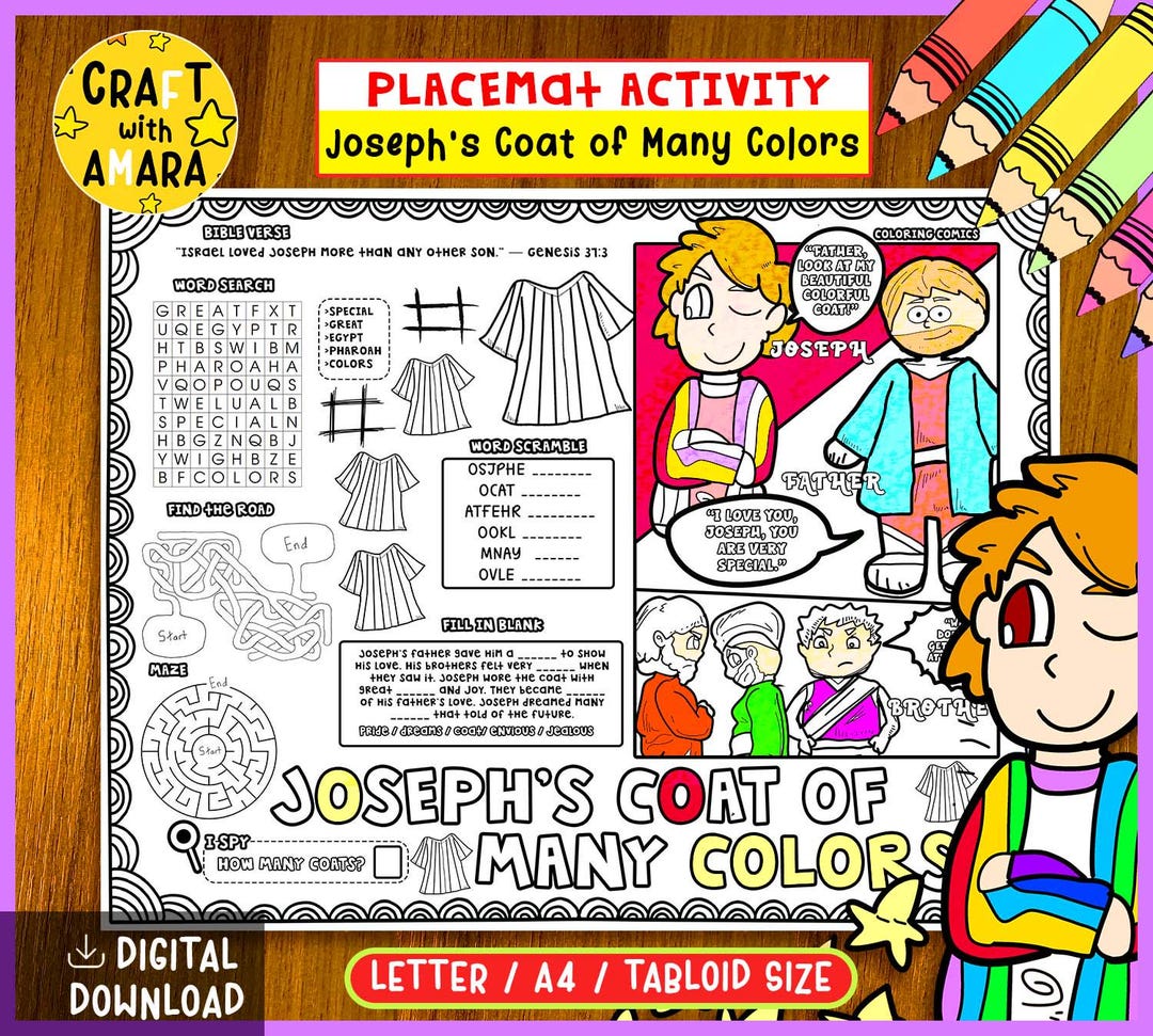 Joseph's Coat of Many Colors Activity Placemat: Bible Story for Sunday ...