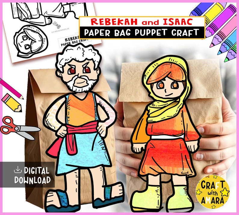 Rebekah and Isaac Paper Bag Puppet Craft: Bible Lesson Story Activity ...