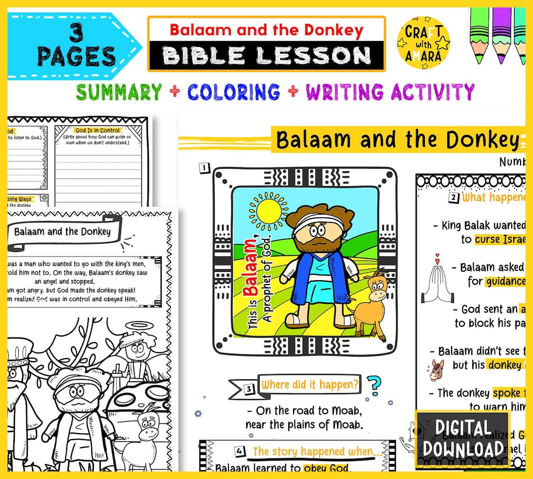 Balaam and the Donkey Bible Lesson: Kid's Activity Worksheet Guide ...