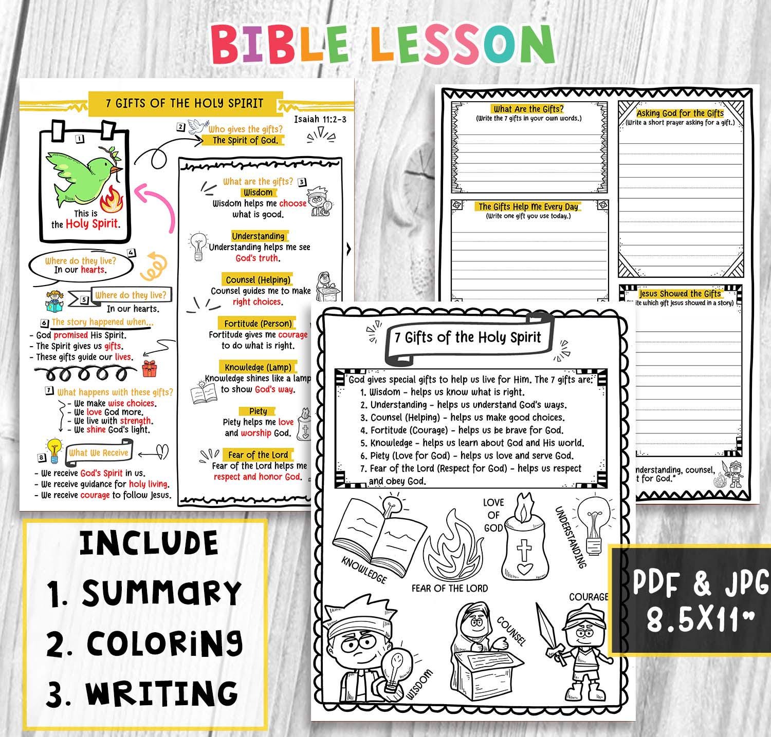 7 Gifts of the Holy Spirit Bible Lesson: Kid's Activity Worksheet Guide ...