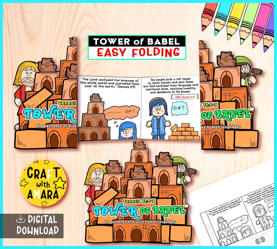 Tower of Babel Easy Coloring Folding Surprise Bible Craft: Bible Lesson ...