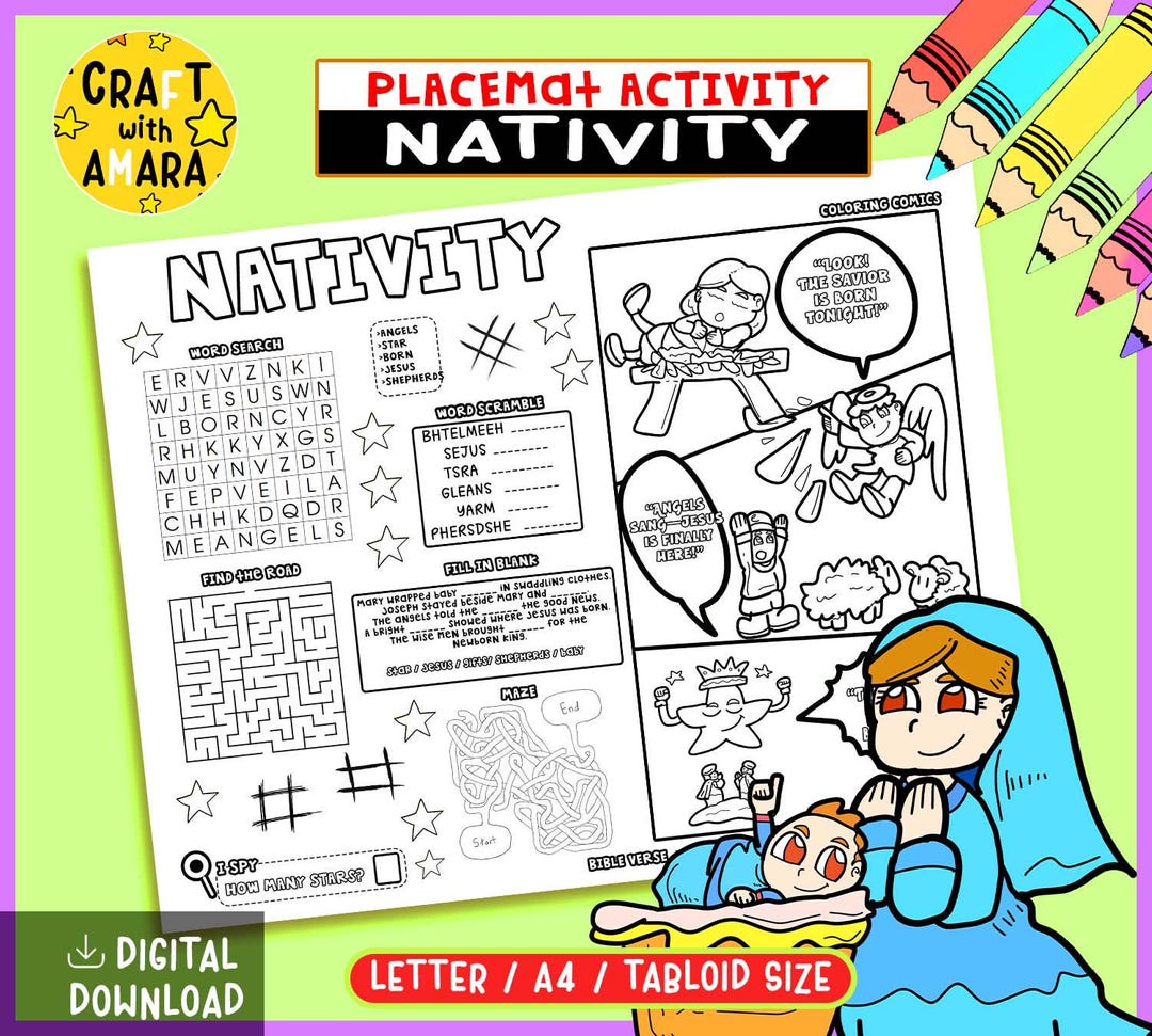 NATIVITY Birth of Jesus Activity Placemat: Christmas Advent Bible Story ...