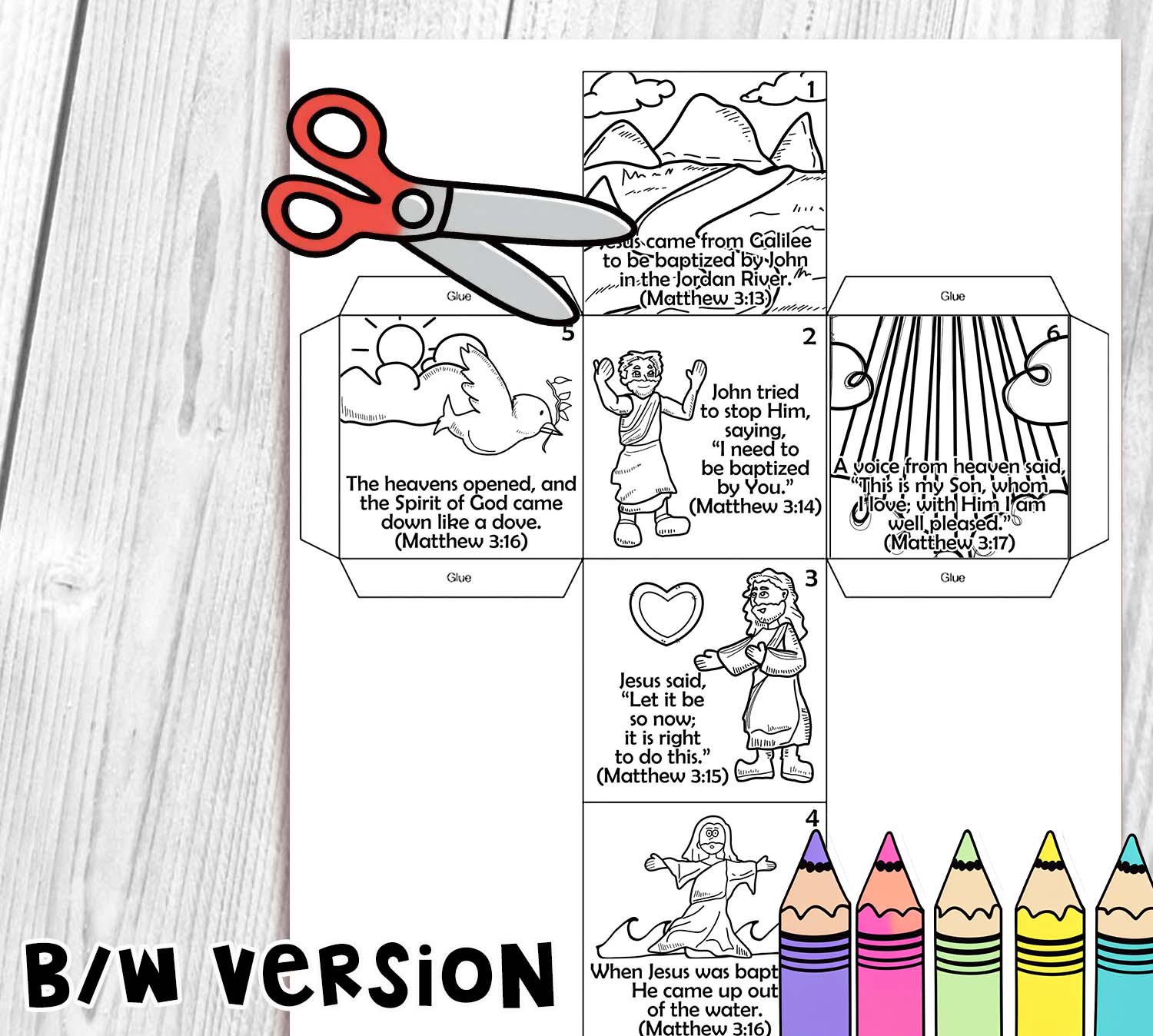 Baptism of Jesus Coloring Cube Craft, Memory Games, Bible Craft for ...