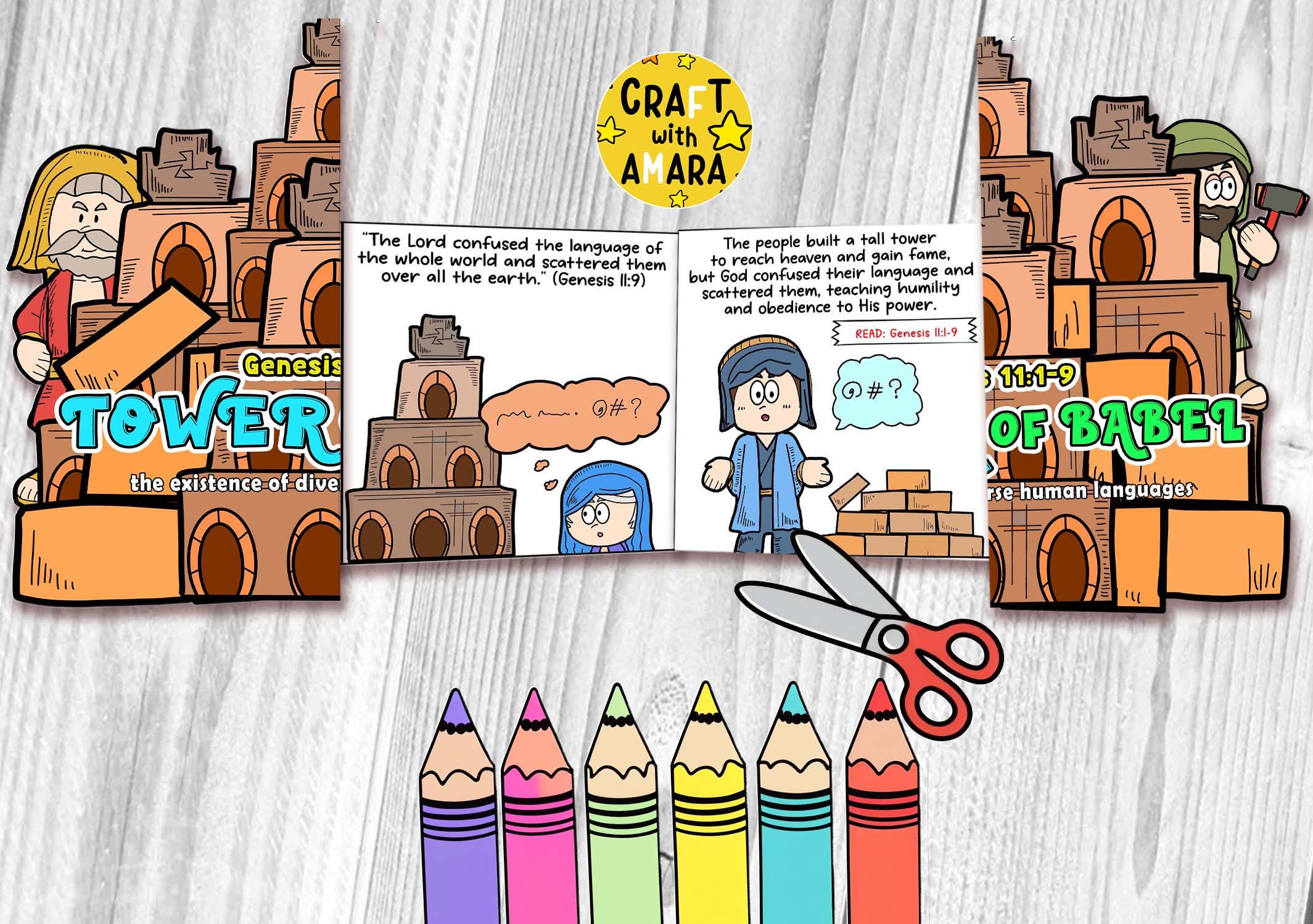 Tower of Babel Easy Coloring Folding Surprise Bible Craft: Bible Lesson ...