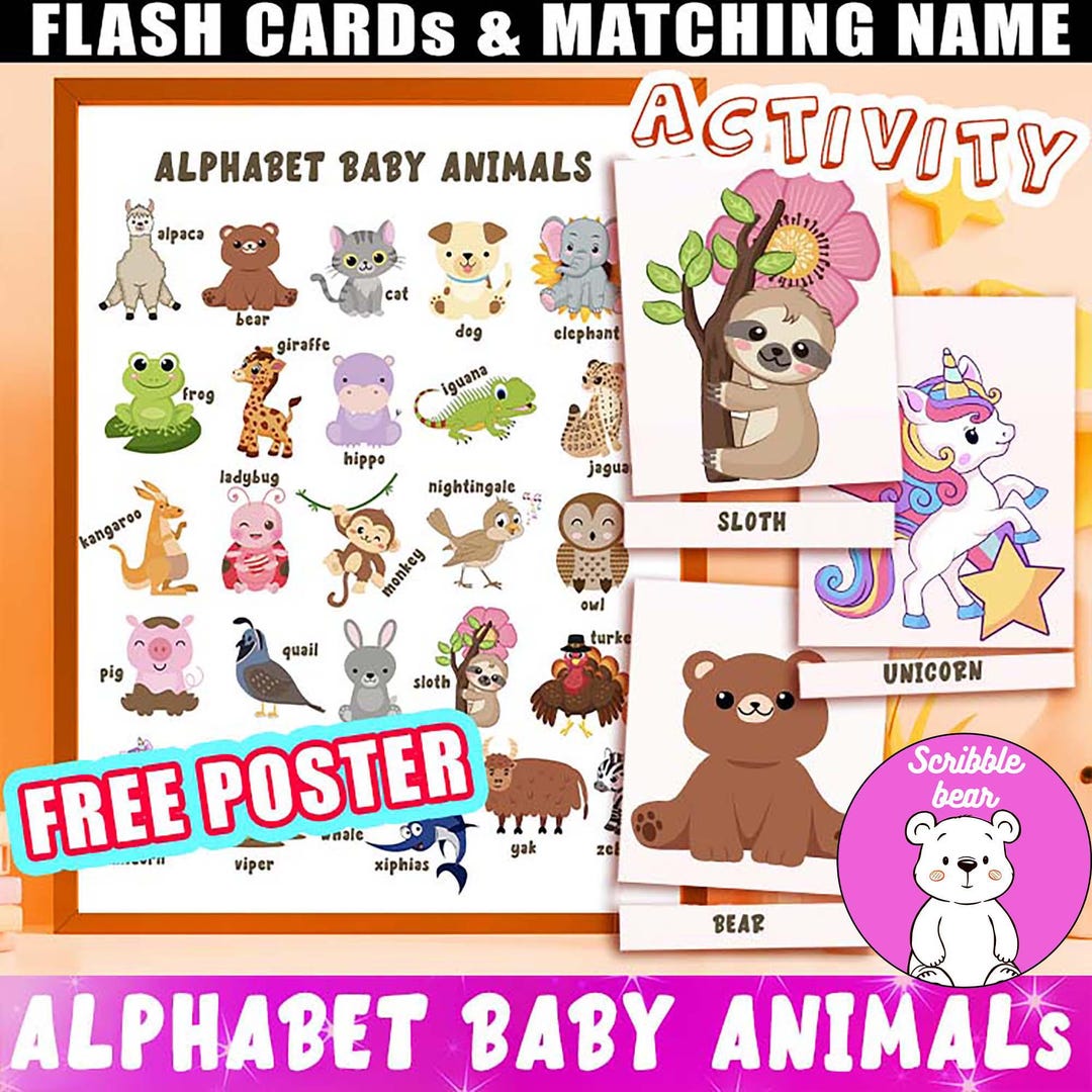 26 Alphabet Baby Animals Flashcards, ABC Flash Cards, Kids Colors ...