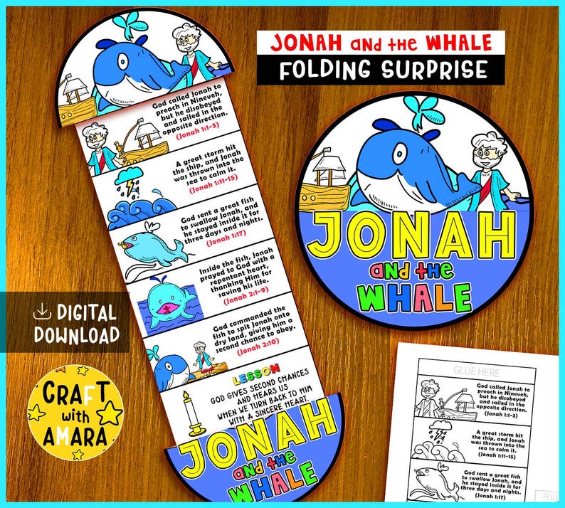 Jonah and the Whale Folding Surprise Bible Craft, Bible Lesson, Sunday ...