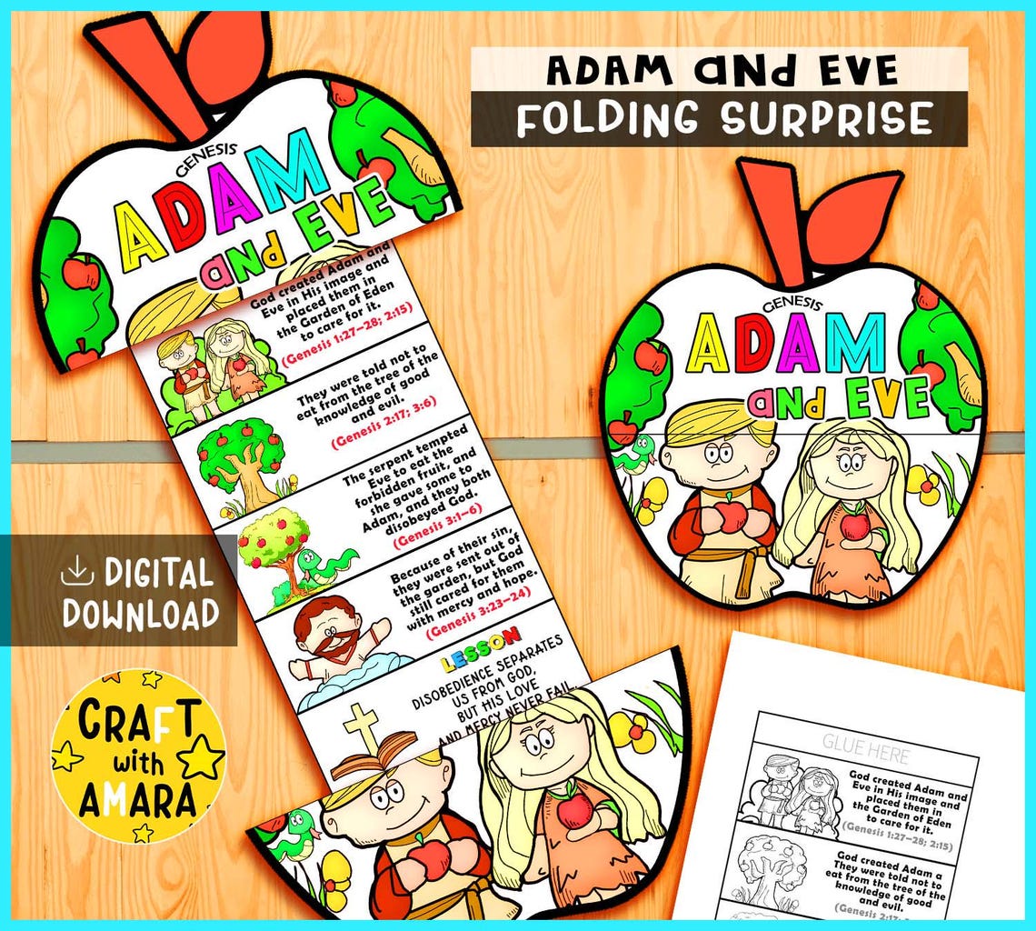 Adam and Eve Folding Surprise Bible Craft, Genesis, Bible Lesson ...