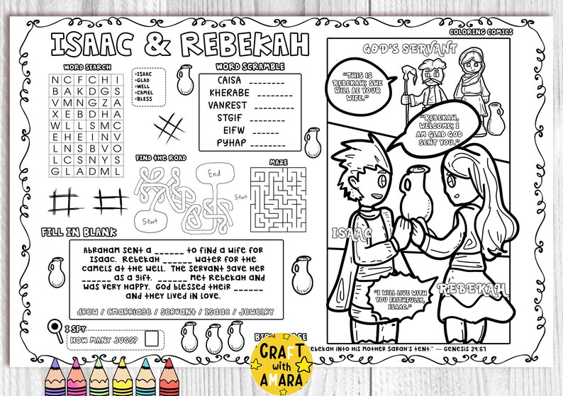 Isaac and Rebekah Activity Placemat: Bible Story for Sunday School ...