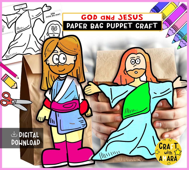 JESUS and GOD Paper Bag Puppet Craft: Bible Lesson Activity, Sunday ...