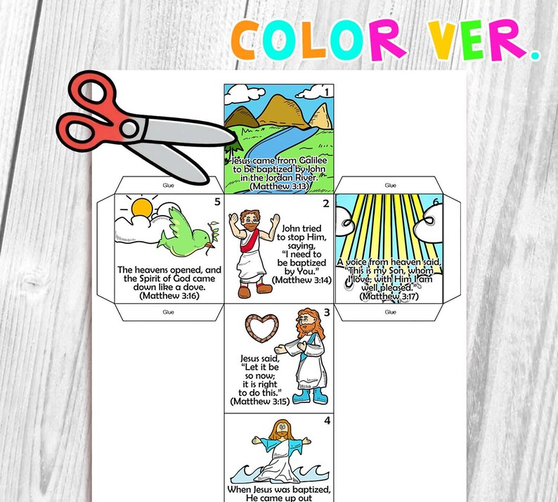 Baptism of Jesus Coloring Cube Craft, Memory Games, Bible Craft for ...