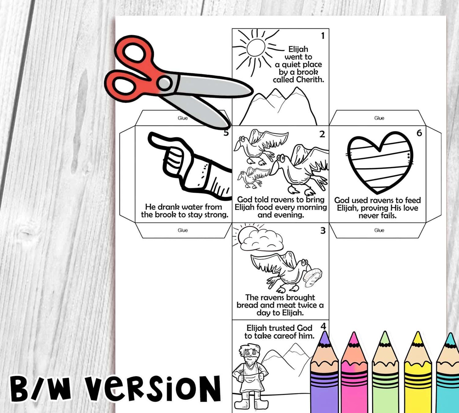 Elijah Fed by Ravens Coloring Cube Craft, Memory Games, Bible Craft for ...